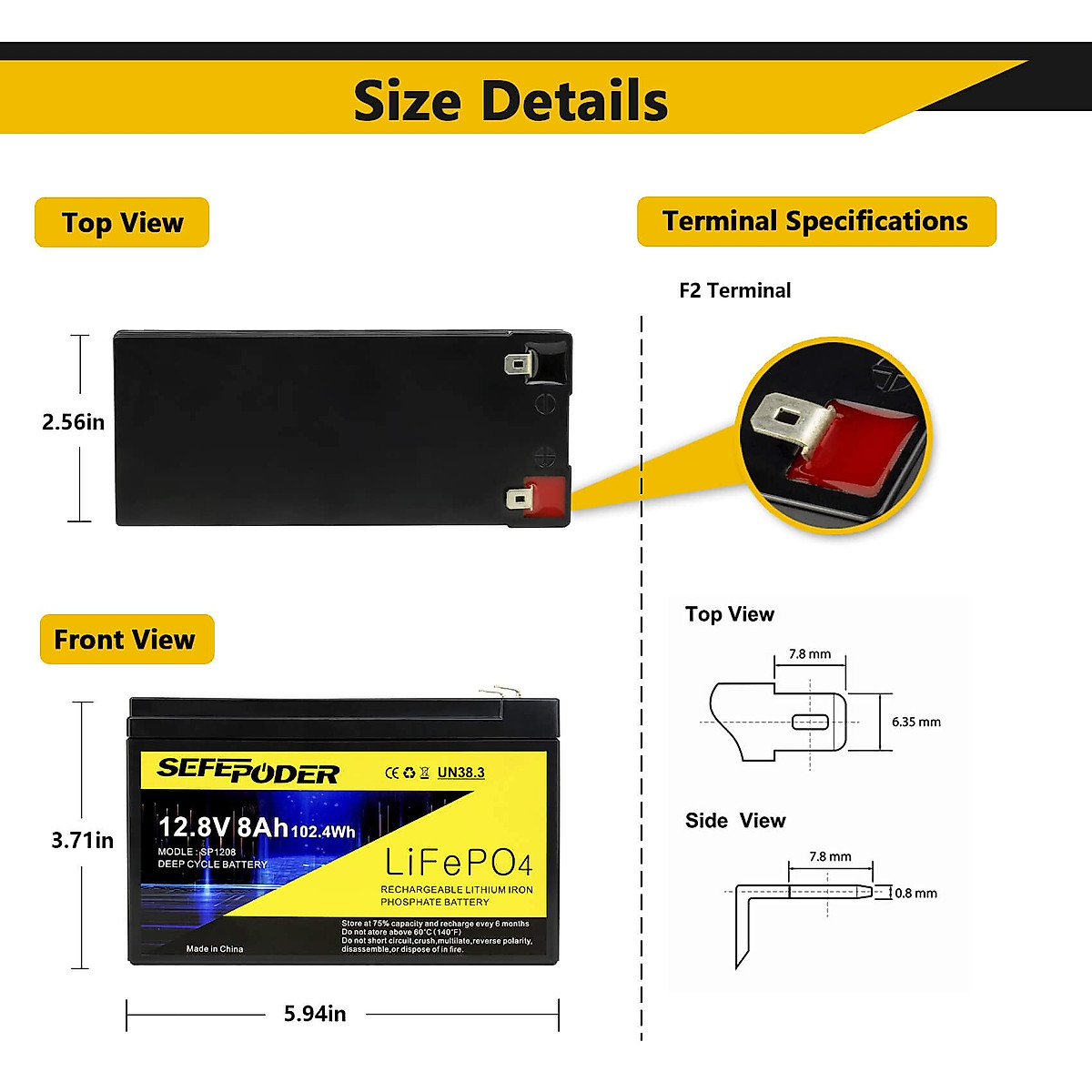 SEFEPODER 12V 8Ah LiFePO4 Lithium Deep Cycle Battery, 2000+ Cycles Rechargeable Battery for Solar/Wind Power, Lighting, Power Wheels, Fish Finder and More with Built-in 8A BMS