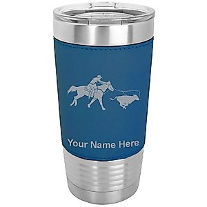 LaserGram 20oz Vacuum Insulated Tumbler Mug, Cowgirl Roping a Calf, Personalized Engraving Included (Faux Leather, Blue)