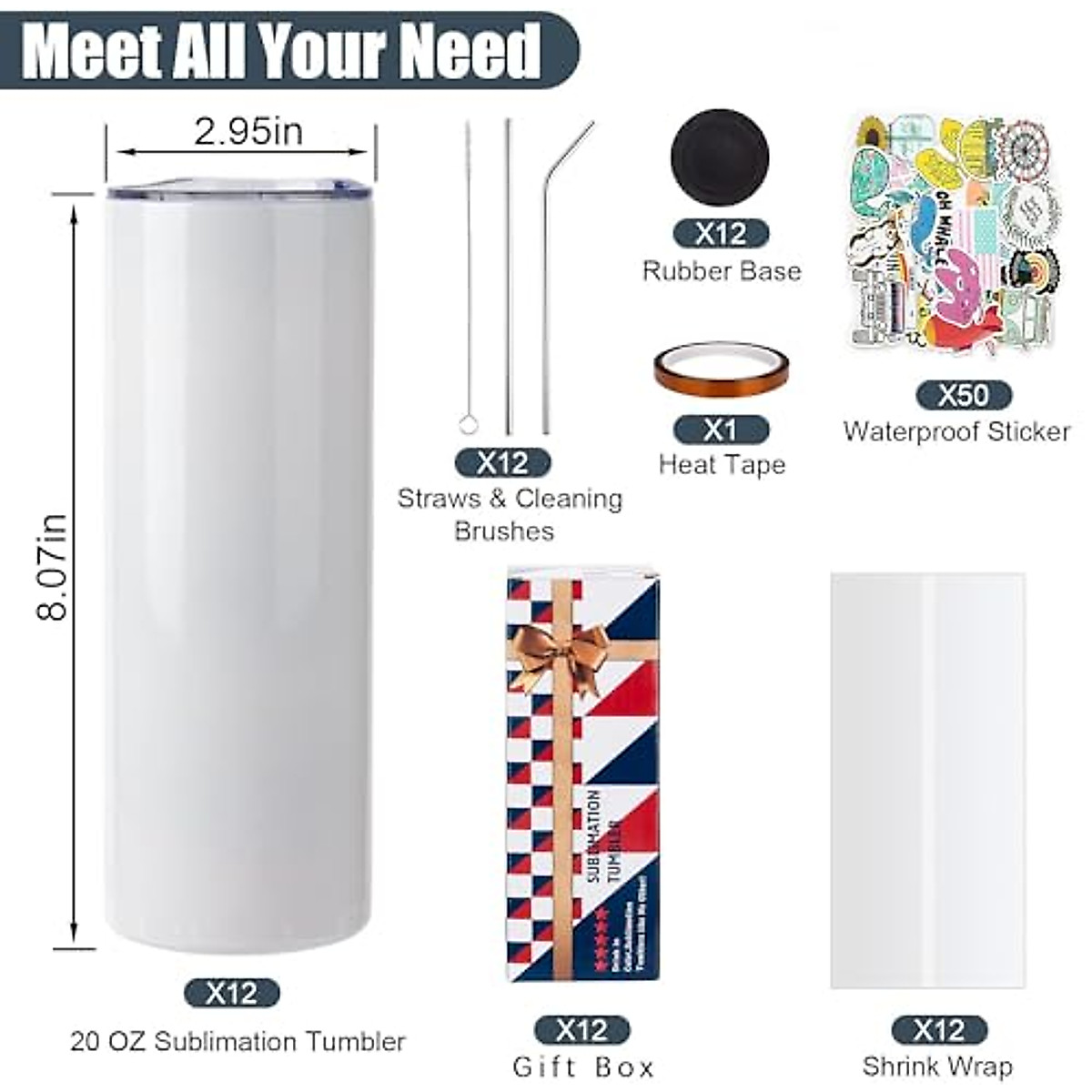 GRAUERHUND 12 Pack 20 oz Sublimation Tumblers Set Skinny Straight Double Walled Stainless Steel Blank Tumbler Bulk with Lid, Straw, DIY Stickers, Shrink Wrap, Rubber Base, Tape for Sublimate