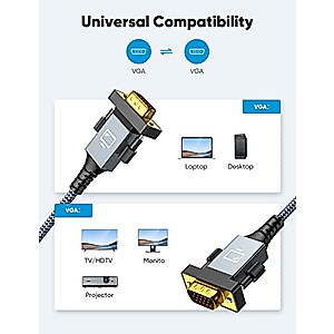 Capshi VGA to VGA Cable 6 Feet, VGA Cable 1080P Full HD Computer Monitor Cable with 15 pin 24k Gold-Plated Male to Male Cord for PC Laptop TV Projector[Aluminum Shell, Nylon Braided]