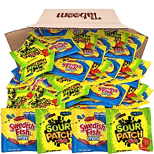 Valentine’s Day SourPatchKids Swedish Fish Candy Bulk for Romantic Sweet Indulgence - Individually Wrapped Mini Mix Variety Pack for Kids, Include 22 Gummy Treat Fun Size Bags, 9.7oz (44Count)