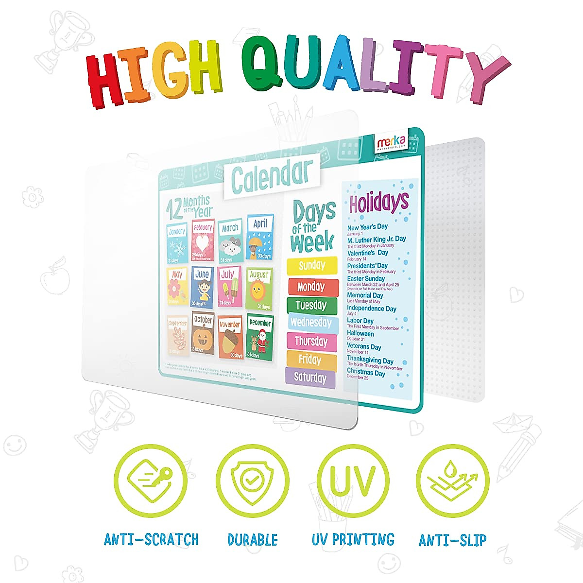 merka Kids Placemat, 4 Pack Toddler Educational Placemats 17x11 in, for Dining Table Features Time, Money, Calendar, Four Seasons, Silicone Reusable Wipeable Mats