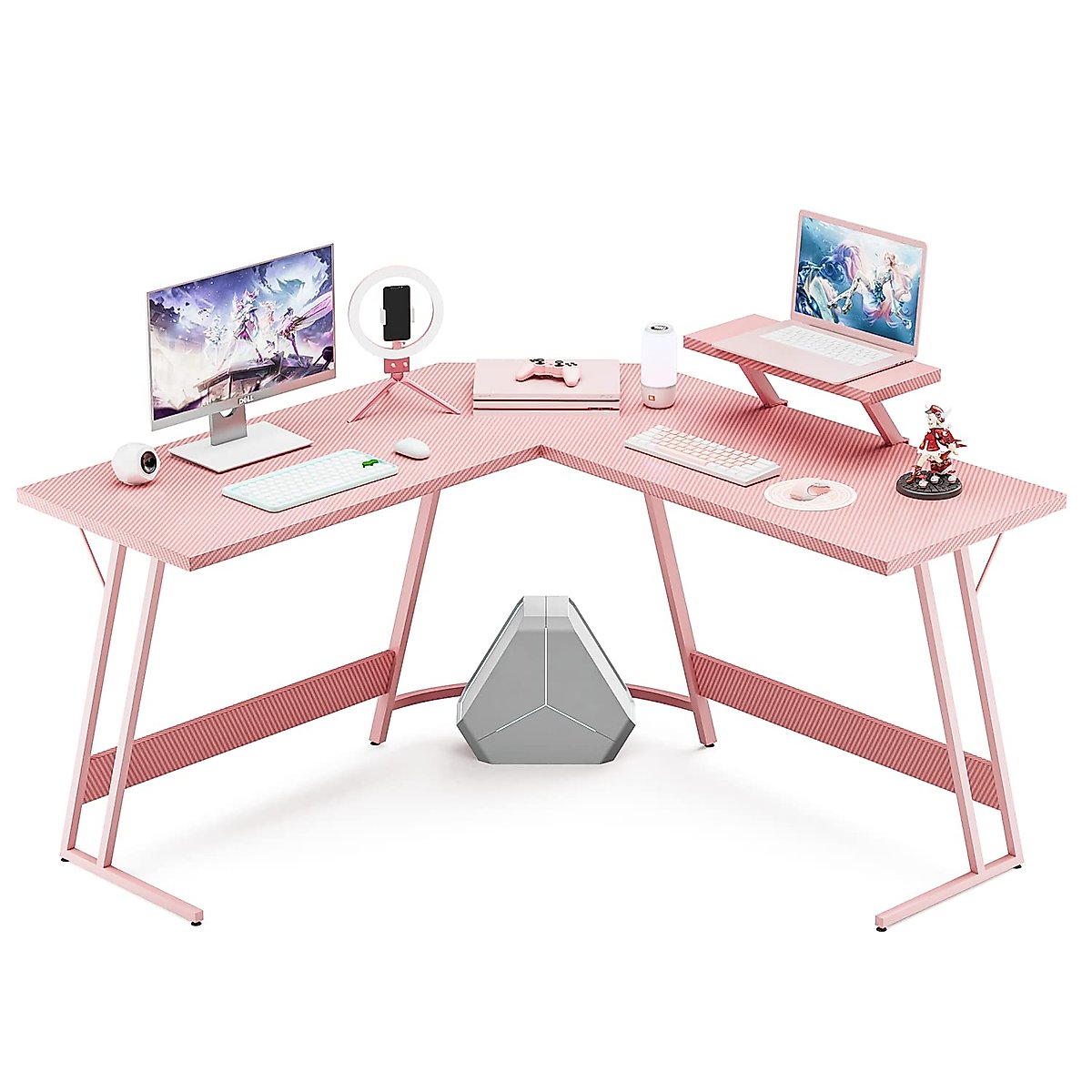 VICTONE L Shaped Gaming Desk, Corner Desk with Monitor Stand, Computer PC Table for Home Office Writing Studying Working, Space-Saving, Easy Assemble(Pink,51'')
