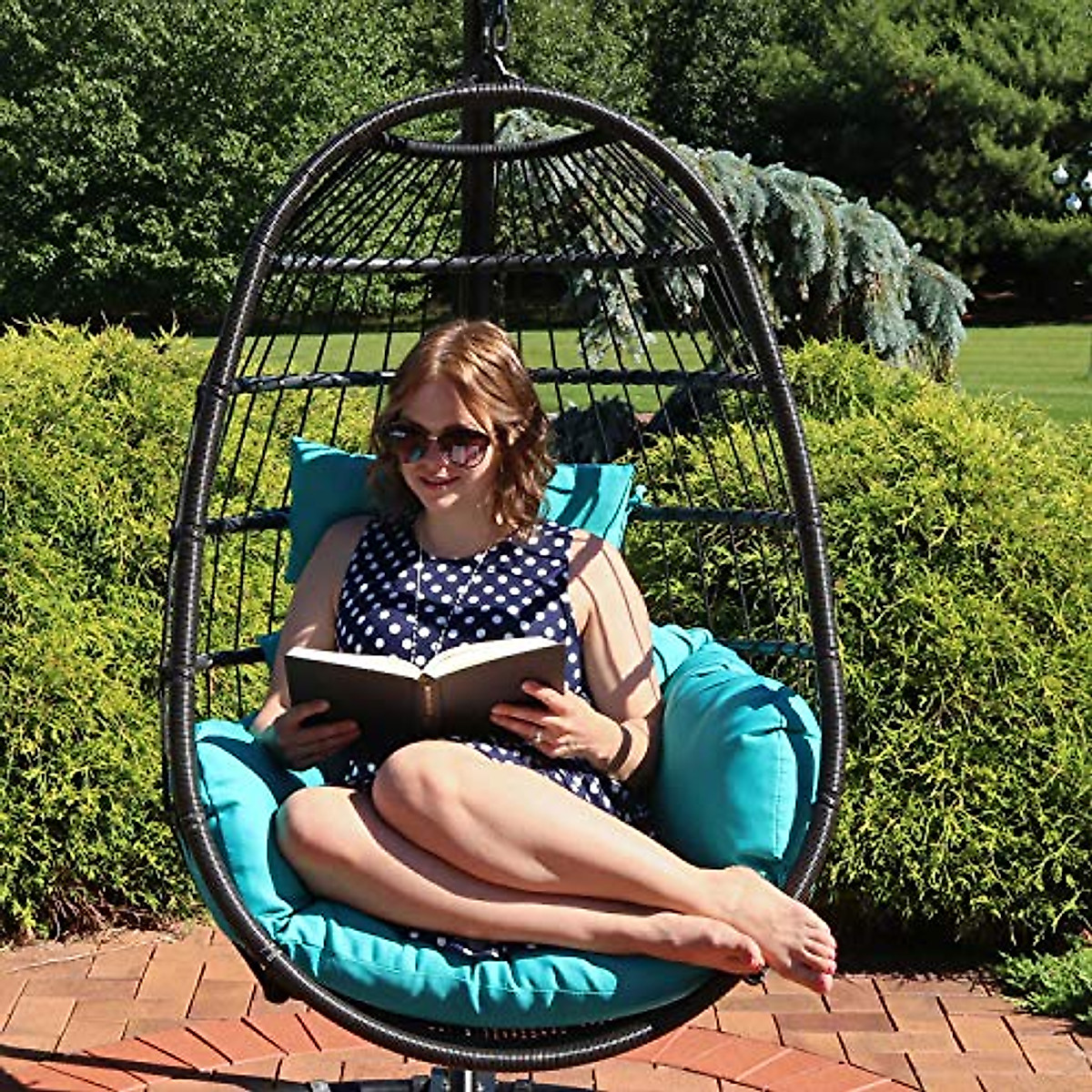 Sunnydaze Penelope Black Steel and Polyethylene Wicker Hanging Egg Chair with Turquoise Polyester Seat Cushions - Bohemian Single Lounge Chair Swing - Collapsible Nylon Rope Back - 45-Inch Tall