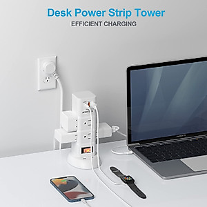 Power Strip Tower 6 Outlets with 3 USB Ports(PD20W & QC18W) Quick Desk Charging Station, 6 ft White Extension Cord, Flat Plug, Multi Plug Outlet Extender,1080 J Surge Protector for Home Office