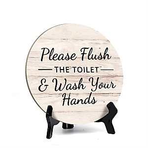 Round Please Flush The Toilet & Wash Your Hands, Light Wood Color Bathroom Table Sign with Acrylic Easel (5 x 5")