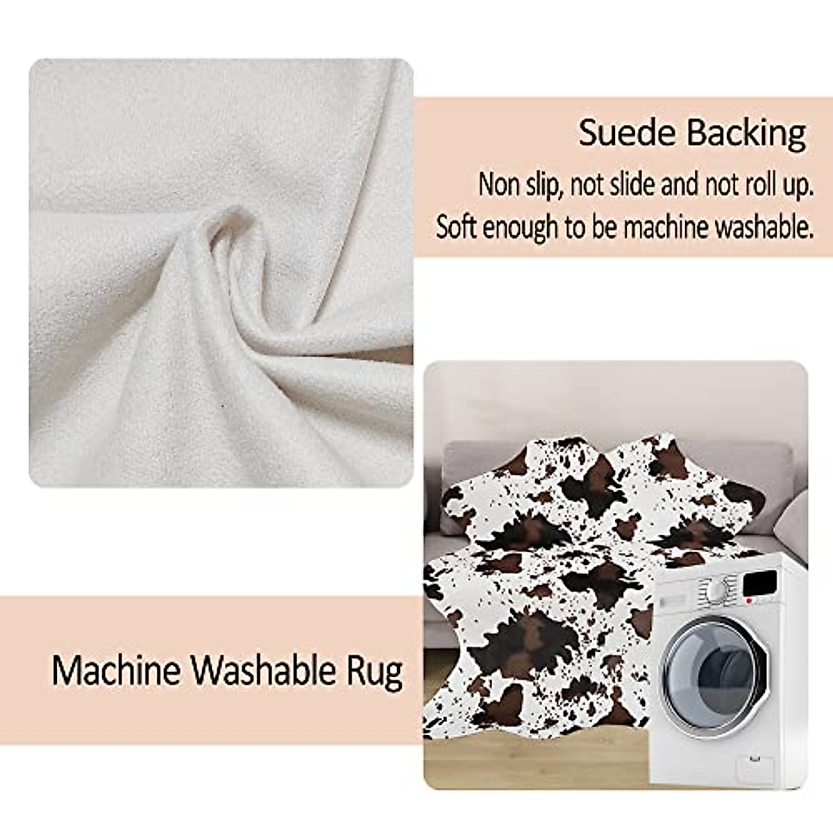 Fixseed Faux Fur Cowhide Rug for Living Room, 4.6 x 5.2 Feet Cute Non Slip Animal Print Area Rug, Cow Hide Print Rug for Western Home Decor