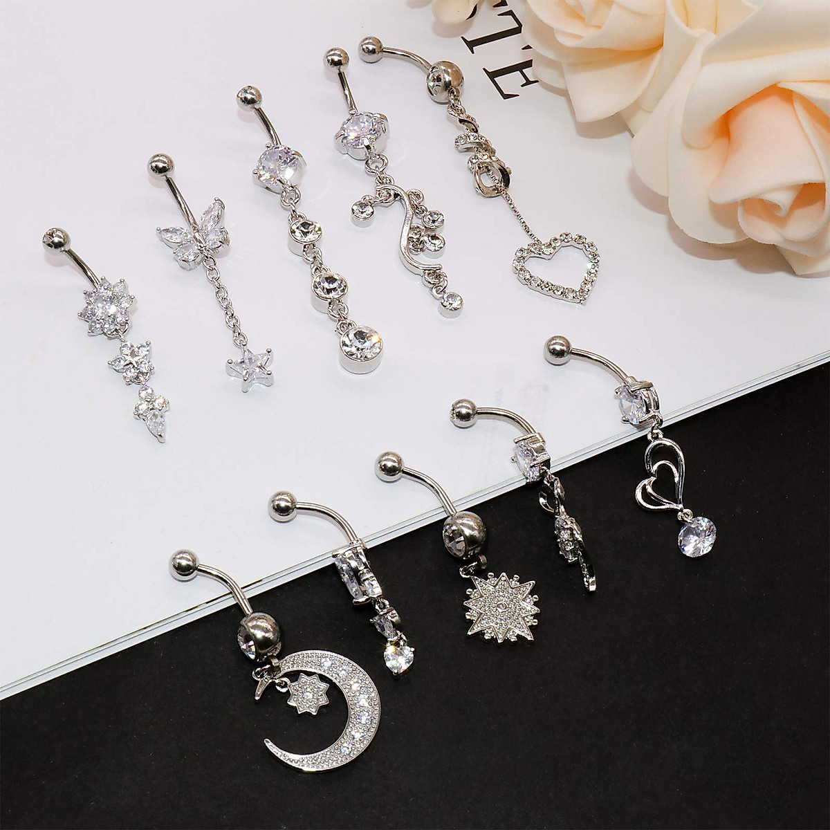 NEWITIN 10 Pieces 14G Belly Button Rings Dangle 316L Surgical Steel Navel Rings Cubic Zirconia Belly Piercing Jewelry Belly Dangle Rings for Women