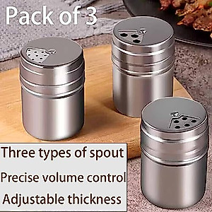 LEYLEK 3Pcs Stainless Steel Salt And Pepper Shakers Or Pepper Shaker with Adjustable Three Swivel Type Holes for Salt Powder Sugar Cinnamon Pepper Spice Dispenser with Adjustable Pour Holes/Silver