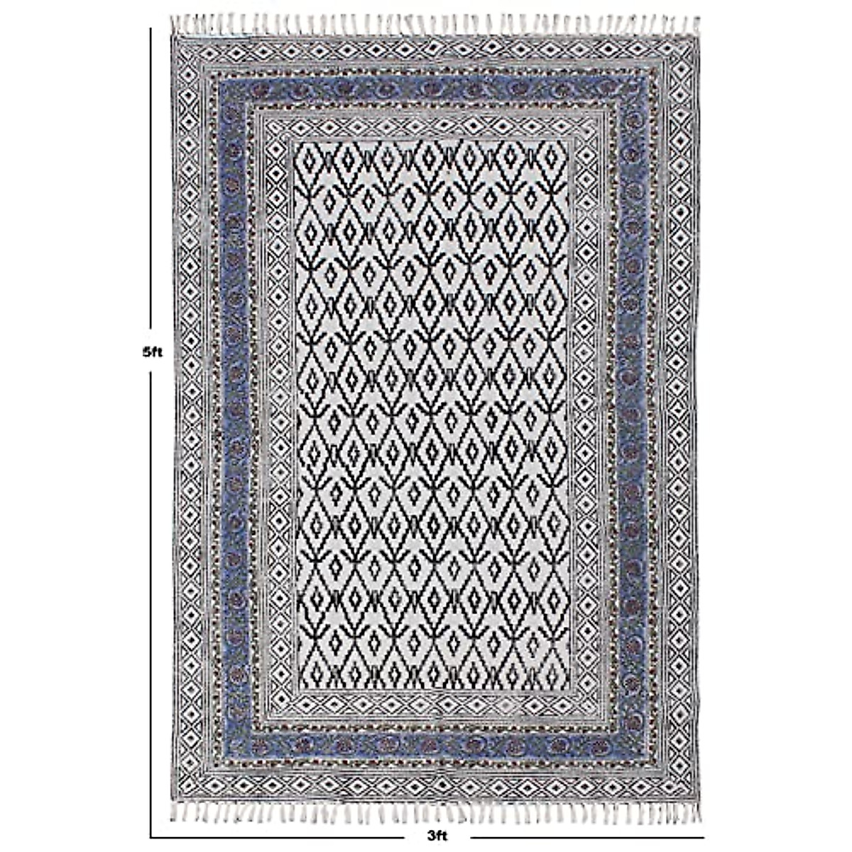 Casavani Hand Block Printed Rug Floral Blue & Beige Tassel Rug Boho Area Rug Easy Care Washable Rugs for Doormat Entryway Living Room Bedroom Hallway Balcony 12x12 Feet Square