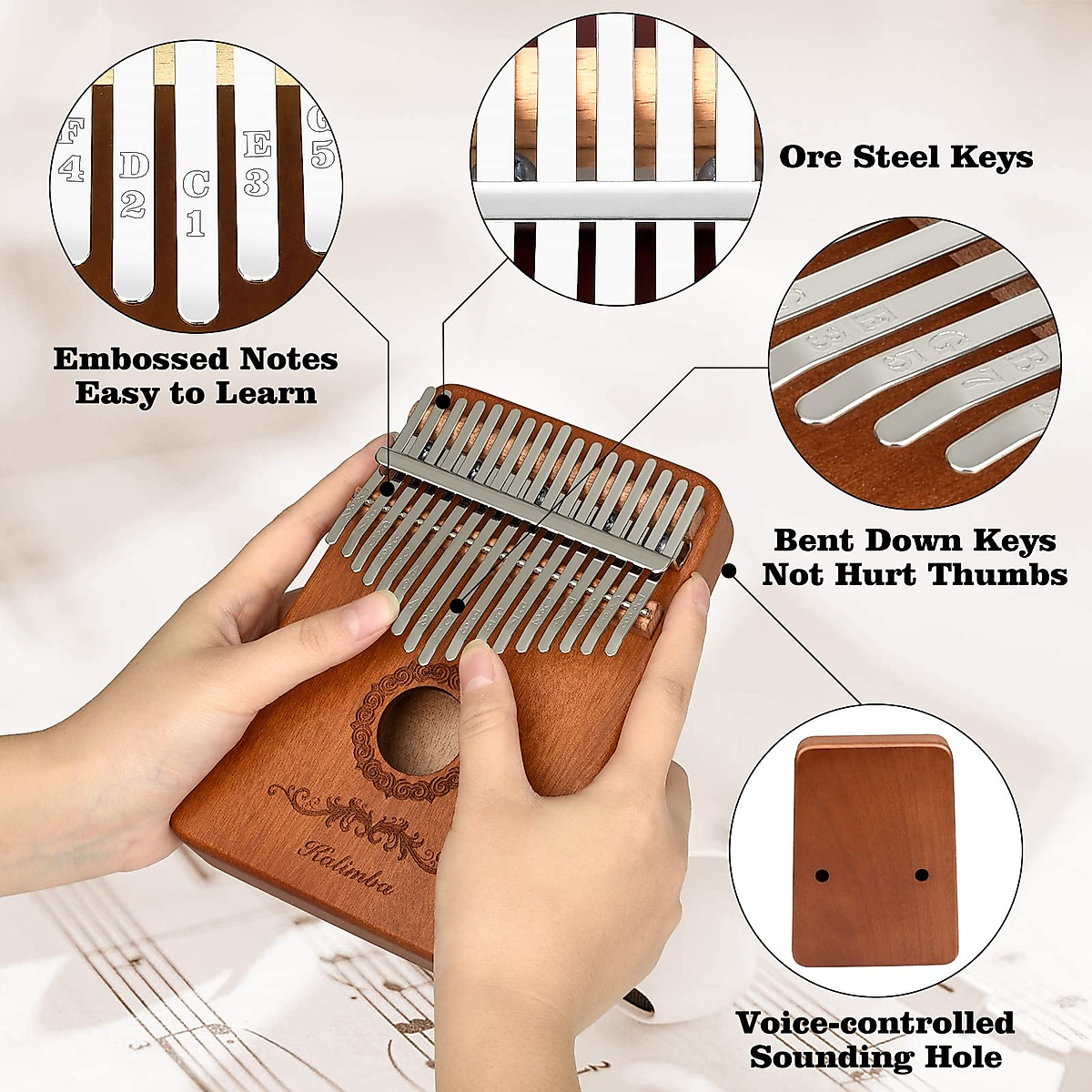 Kalimba Thumb Piano 17 Keys, Finger Piano Musical Instruments, Mbira Music Kids Gifts Adult Beginners Hand Pianos Brown