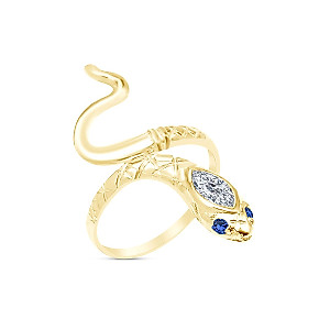 AFFY 14k Yellow Gold Over Sterling Silver Simulated Blue Sapphire With Cubic Zircinia Snake Band Ring Jewelry For Ladies, Ring Size 7.5