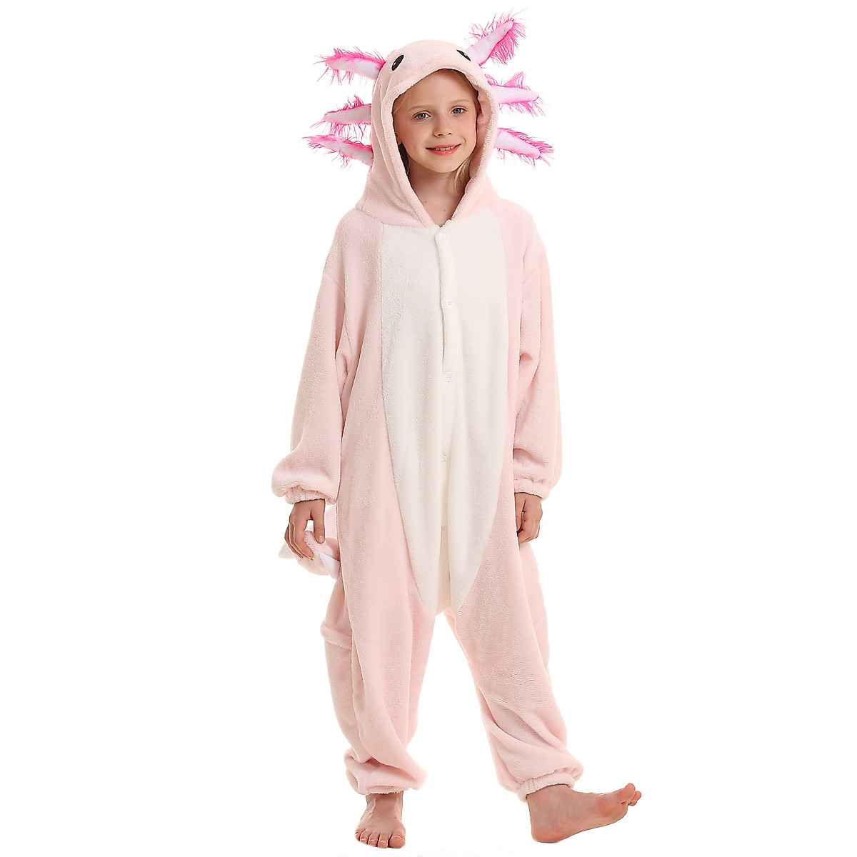 DELEY Unisex Pink Axolotl Onesie Kid Pajamas, Flannel Animal One Piece Costume Sleepwear Halloween Cosplay Homewear