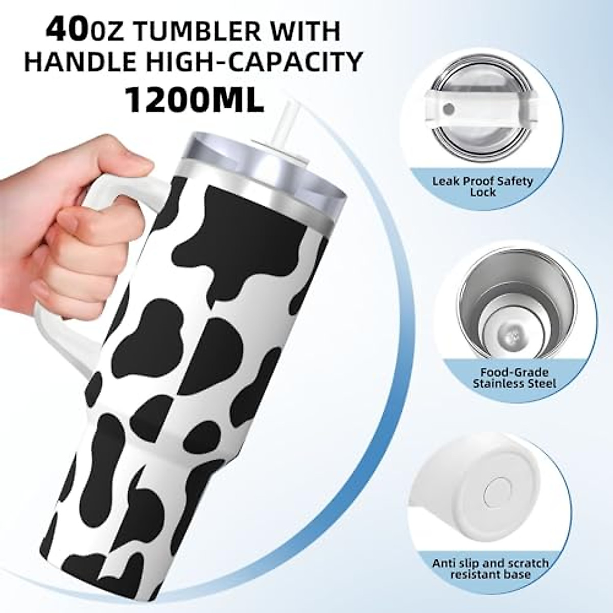 deaokluy 40 OZ Cowhide Print Ice Bully Cup with Handle Straw Lid, Double Wall Stainless Steel Tumbler Travel Coffee Cup, Black and White Insulation and Cooling Cup for Christmas Birthday Present