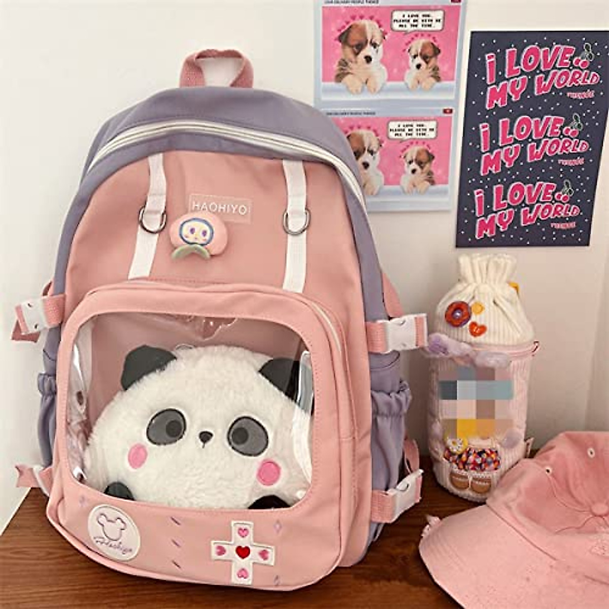 Aoakva Kawaii Backpack Comes with Huge Kawaii Panda Doll and 4 Kawaii Patches Cute for Teen Girl Boy Students (Pink+Purple)
