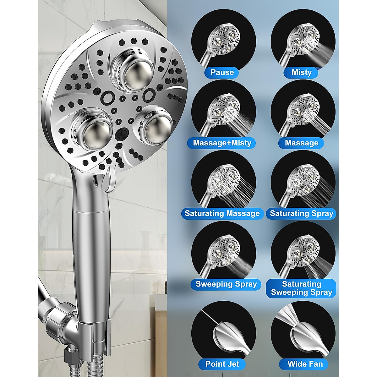Surpzon Filtered Massage Shower Head with Handheld Spray Combo, 10 Modes High Pressure Shower Heads with 3 Massage Beads, Detachable Shower Head with 59" Hose & Replaceable Filters for Hard Water