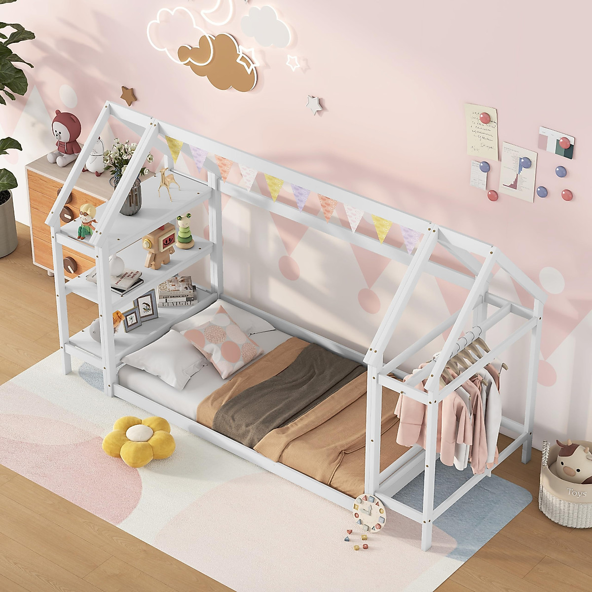 House Bed with Storage, Twin Size Montessori Floor Bed with Detachable Shelves and Hanging Rod, Wooden Floor Bed with Rails and 2 Stands for Kids Boys Girls Teens, White