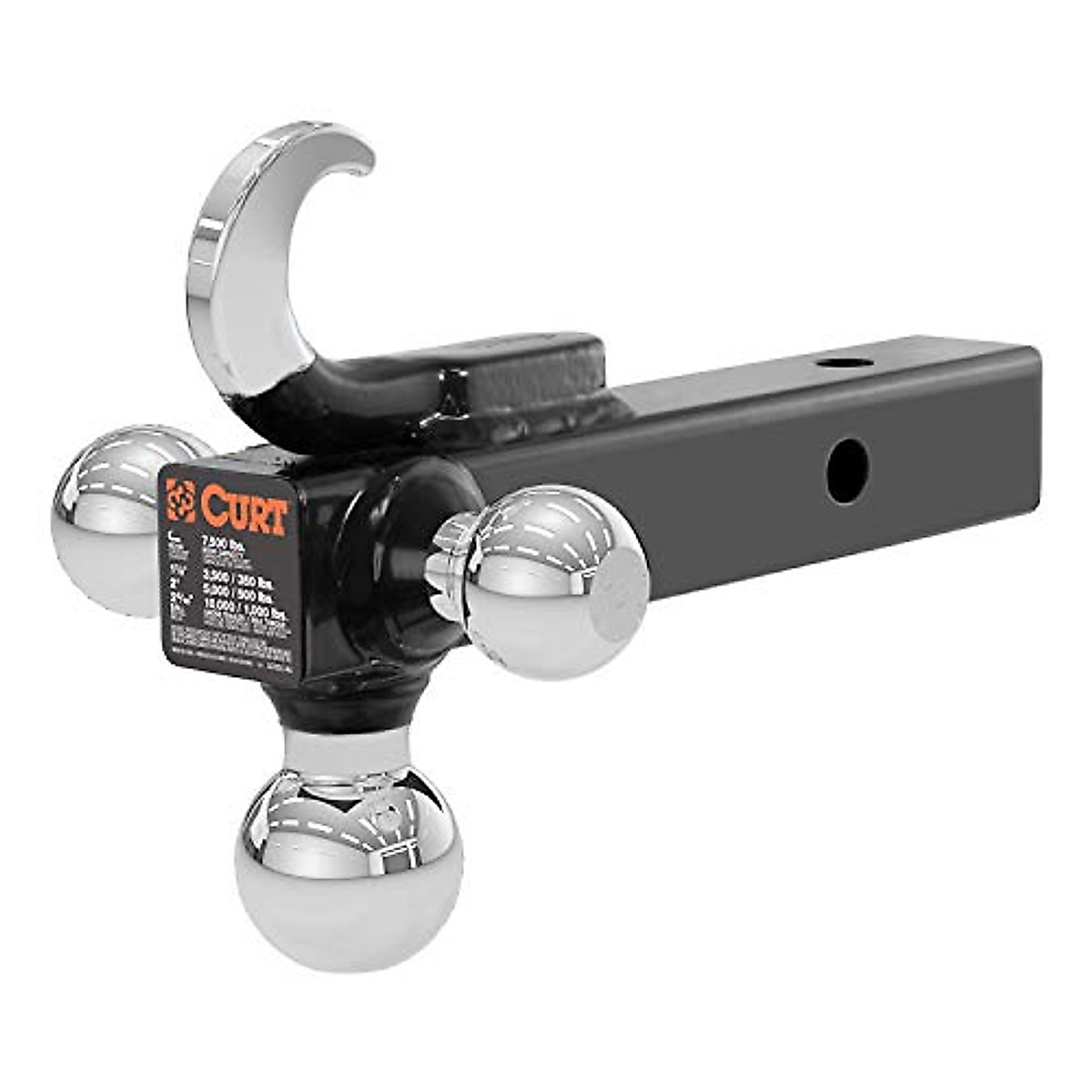 CURT 45675 Multi-Ball Trailer Hitch Ball Mount, 1-7/8, 2, 2-5/16-Inch Balls and Tow Hook, Fits 2-Inch Receiver, 10,000 lbs