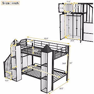 BOVZA Castle Shaped Bunk Bed with Wardrobe and Multiple Storage, Twin Over Twin Metal Bunk Bed Frame with Storage Staircase and Guardrails for Kids Boys Girls Teens, Black+White