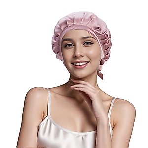 Cocheng 100% Mulberry Silk Bonnet Double-Sided Silk Sleep Cap With Adjustable Ribbon 19 Momme Silk Bonnet for Sleeping (Bean Pink)