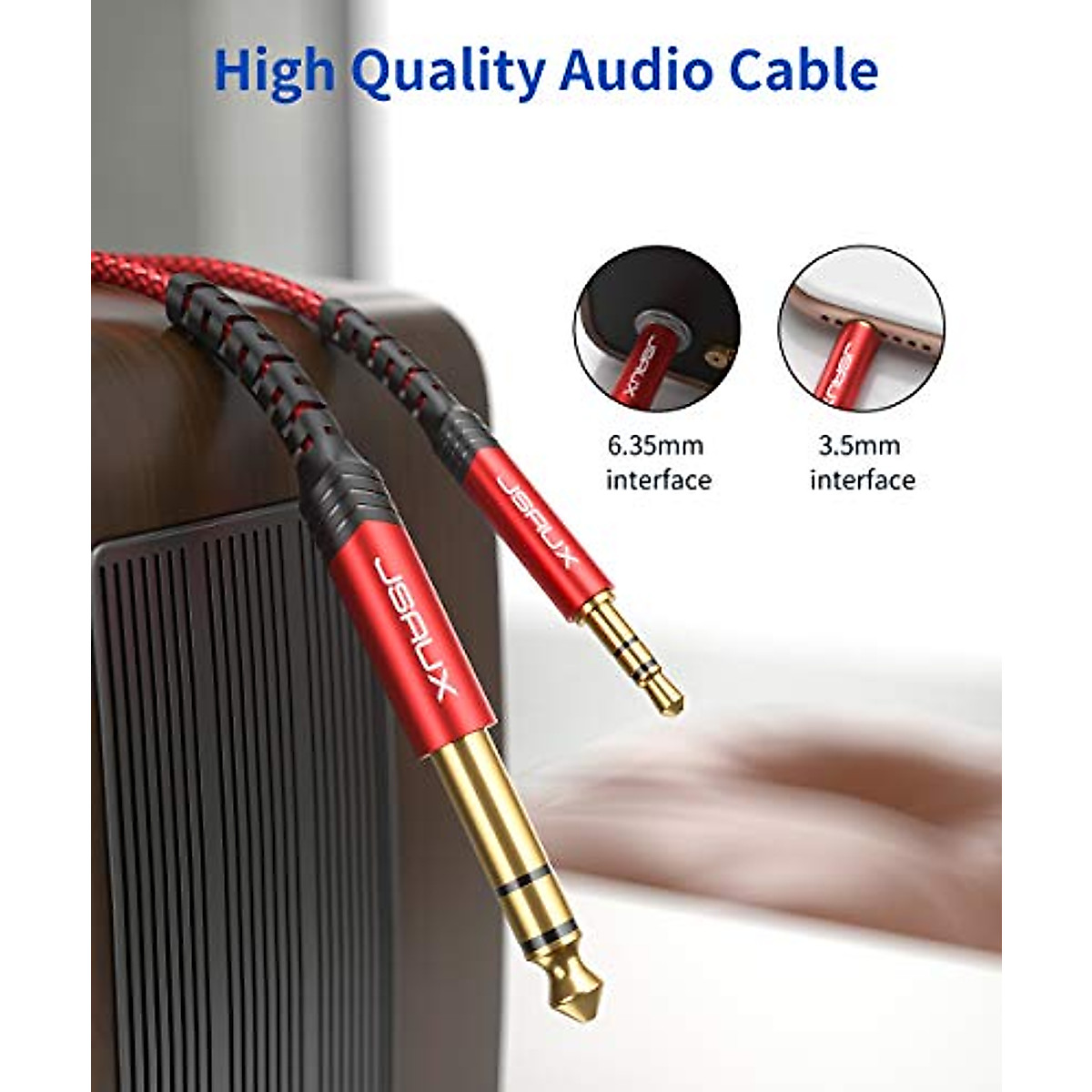 JSAUX 3.5mm to 6.35mm Stereo Audio Cable, 6.35mm 1/4" Male to 3.5mm 1/8" Male TRS Bidirectional Stereo Audio Cable Jack 4FT for Guitar, iPod, Laptop, Home Theater Devices, Speaker and Amplifiers-Red