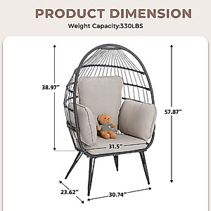 Kayflora Wicker Egg Chair, PE Rattan Egg Basket Lounge Chair with Stand, with Cute Throw Pillow, Patio Chair for Patio, Garden, Yard, Living Room, Sunroom,Beige
