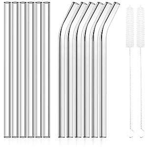 HAUTOCO 12 Pack Reusable Glass Straws Clear Drinking Straw 8.5"x10mm, 6 Straight and 6 Bent Glass Straw with 2 Cleaning Brush for Hot/Frozen Drinks, Cocktail Smoothies Tea Milkshakes, Dishwasher Safe