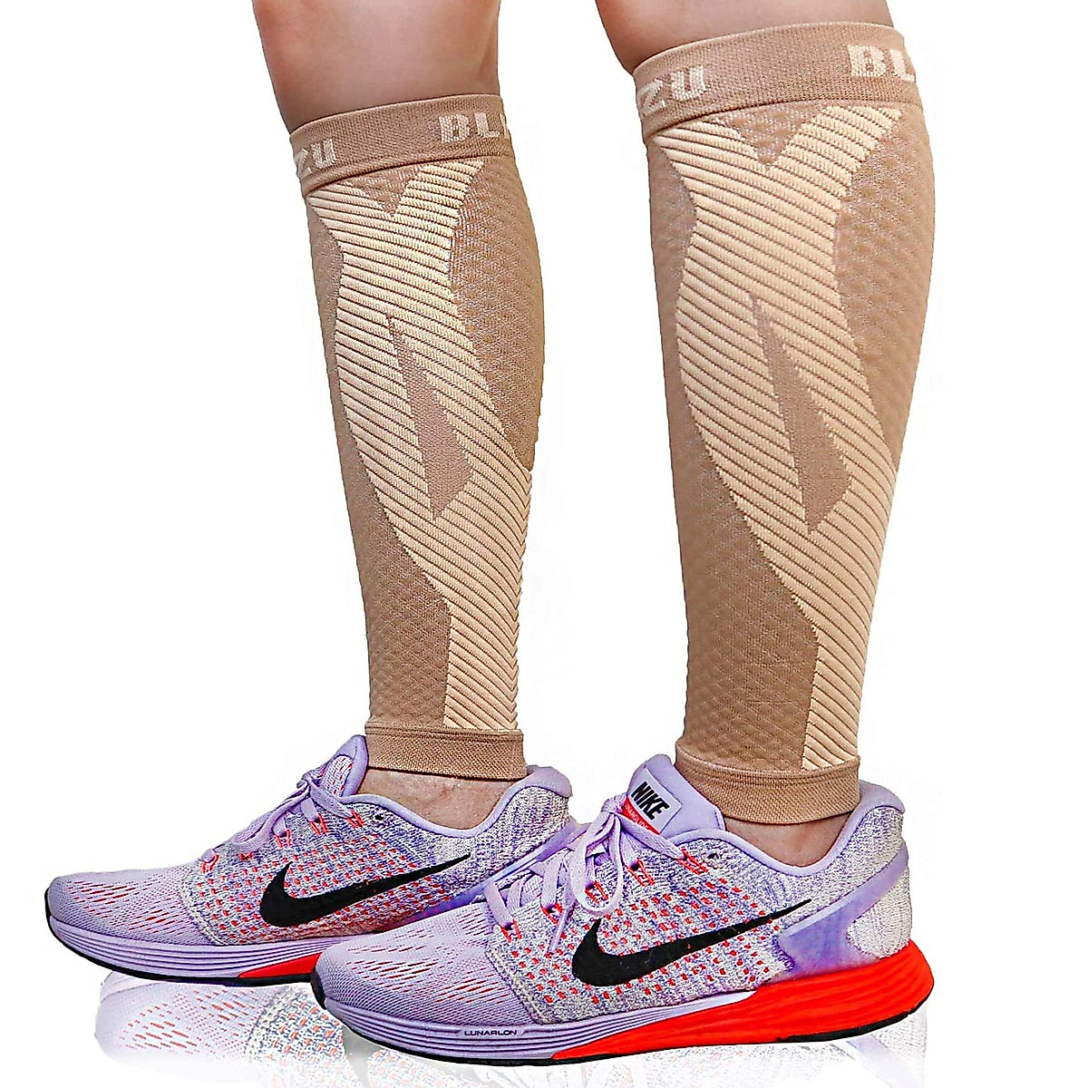 BLITZU 3 Pairs Calf Compression Sleeves for Women and Men Size L-XL, One Nude, One Black, One White Calf Sleeve, Leg Compression Sleeve for Calf Pain and Shin Splints. Footless Compression Socks.