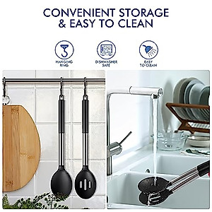 HOTEC Heat Resistant Large Silicone Cooking Spoon, Solid Slotted Spoons, Nonstick Kitchen Cookware Utensils, Mixing, Serving, Stiring Large Spoons, Black