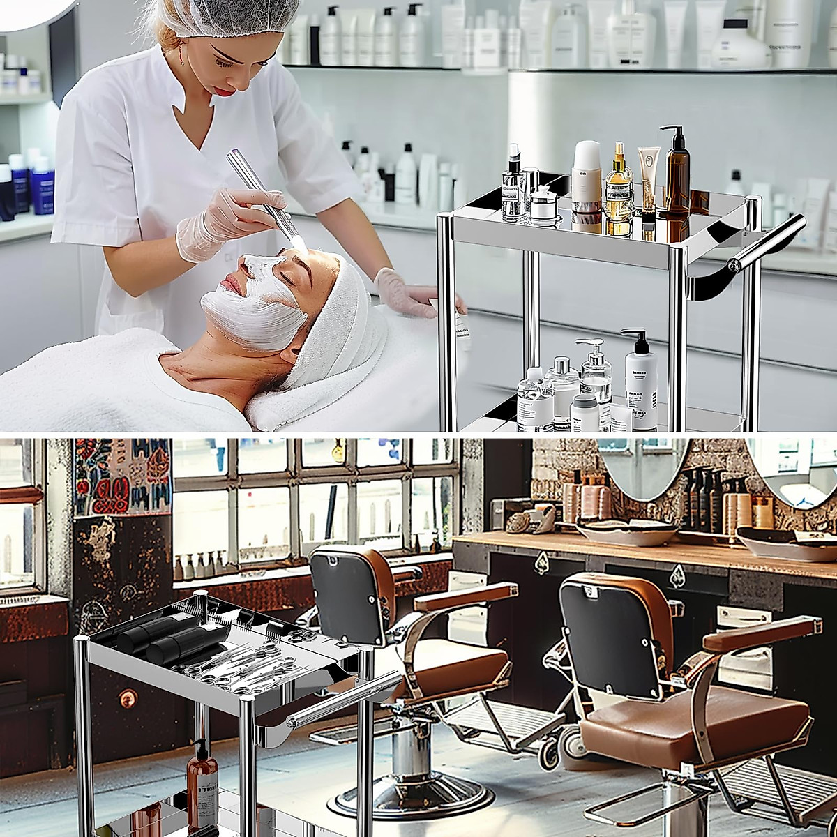 Noverlife 3 Layers Medical Cart, 304 Stainless Steel Utility Cart Lab Rolling Cart, 330lbs, 360° Silent Wheels, Highly-Polish Esthetician Cart Metal Service Cart on Wheels for Laboratory Clinic Salon