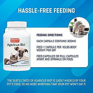 Agaricus Bio 300mg for Canines and Felines, Beta Glucan Mushroom Pet Supplement to Boost Critical Immune Defense & Cellular Health, Antioxidant Powder, Energy Support for Old Dogs and Cats, 60 caps