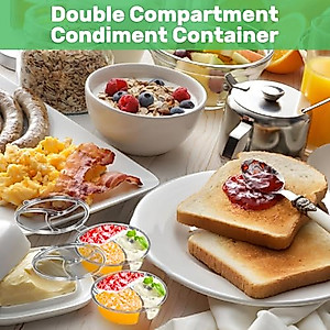 30PCS Three Compartment Condiment Container,CXKEJI Reusable 2 Compartment Snack Containers, Disposable Double Condiment Containers with Lids Perfect for To-go Condiments Sauce or Dips