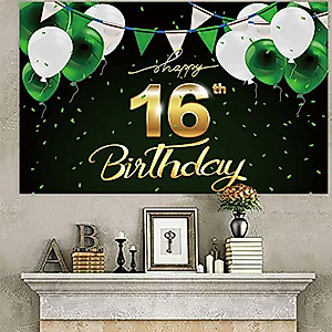 Happy 16th Birthday Black Banner Backdrop Background Photo Booth Props Green White Balloons Theme Decor for Sixteenth Year Anniversary 16 years Old Birthday Party Favors Supplies Decorations