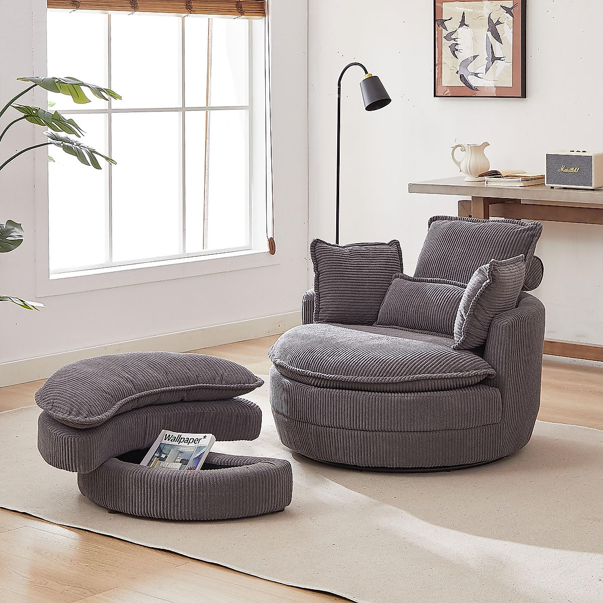 38"W Oversized Cuddle Sofa Chair Lounger with moon storage ottoman, Modern Accent Round Loveseat Circle Swivel Barrel Chairs, Swivel Chair Armchair for Bedroom, Living Room, 4 Pillows, CORDUROY(Grey)