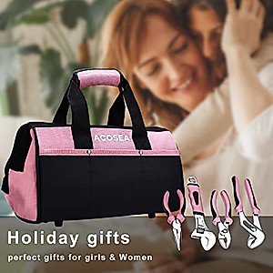 Pink Tool Set,ACOSEA 223-Piece Tool Sets for Women,Tool Kit with 13-Inch Wide Mouth Open Pink Tool Bag,The Basic Tool Set is Perfect for Home Maintenance (PINK)