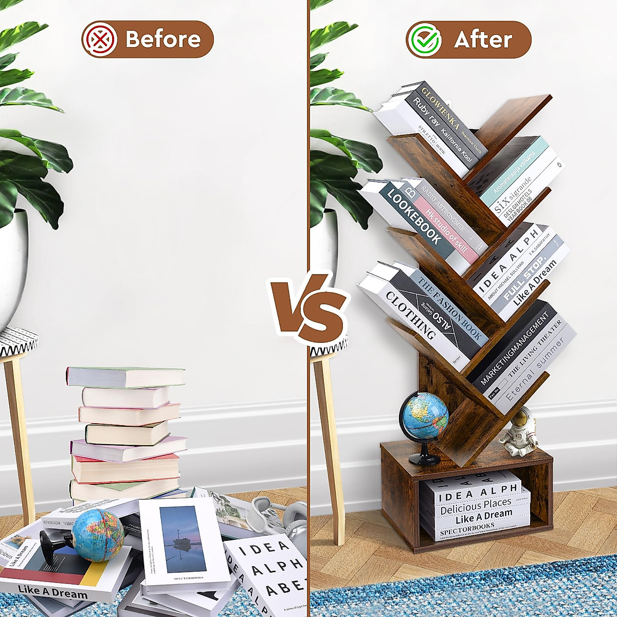 Luckyeestar 6 Tier Tree Bookshelf, Retro Floor-Standing 6 Shelf Bookcase Storage Rack, Wooden Storage Rack Modern Bookshelf, Put Books, Photo Albums, Magazines, CD（ Rustic Walnut）