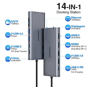 USB C Docking Station Dual Monitor 14 in 1 Triple Display USB C Hub Multiple Adapter with 2 HDMI+DP+7 USB C/A Ports+Ethernet+Audio+SD/TF, USB C Dongle for MacBook/Dell/HP/Lenovo ThinkPad/Surface