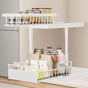 MEIJIA Double Sliding Cabinet Organizer Drawer, 2 Tier Pull Out Under Sink Organizers And Storage Bathroom And Kitchen, Metal L-Shaped Under Cabinet Organizer And Storage - White