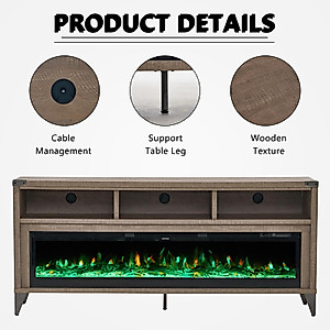 LUXOAK 65“ Fireplace TV Stand, Farmhouse Entertainment Center with 60" Tempered Glass Electric Fireplace, Industrial Media Console with Open Storage Space for TVs up to 75", Light Gray