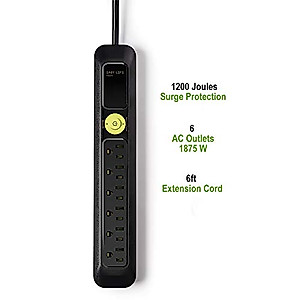 Power Strip Surge Protector with 6 Outlets Heavy Duty 6 ft Extension Cord for Home and Office by Easylife Tech, Black