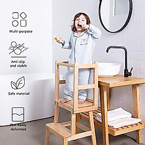 HOUCHICS Toddler Wooden Step Stool, Solid Birch Wooden Children Standing Tower, Helper of Kitchen Tower for Kitchen, Bathroom