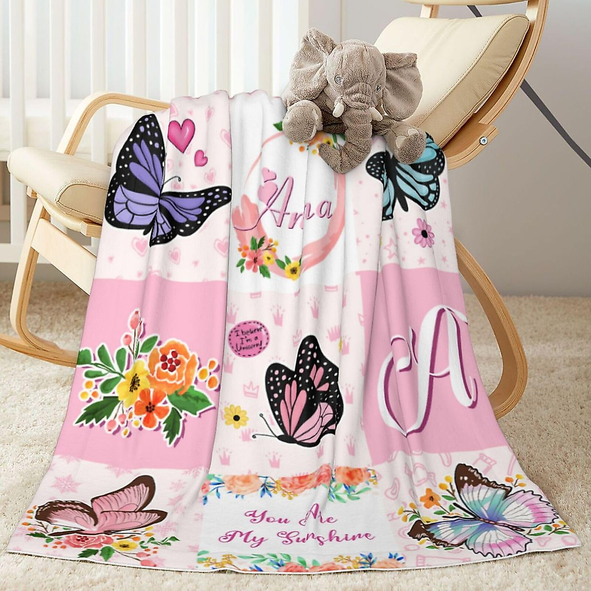 Custom Butterfly Blanket with Name Personalized Blankets Pink Flower Customized Name Kids Toddler for Girls Soft Fleece Blanket Newborn Swadding Blanket Nursery Stroller for Birthday, Christmas
