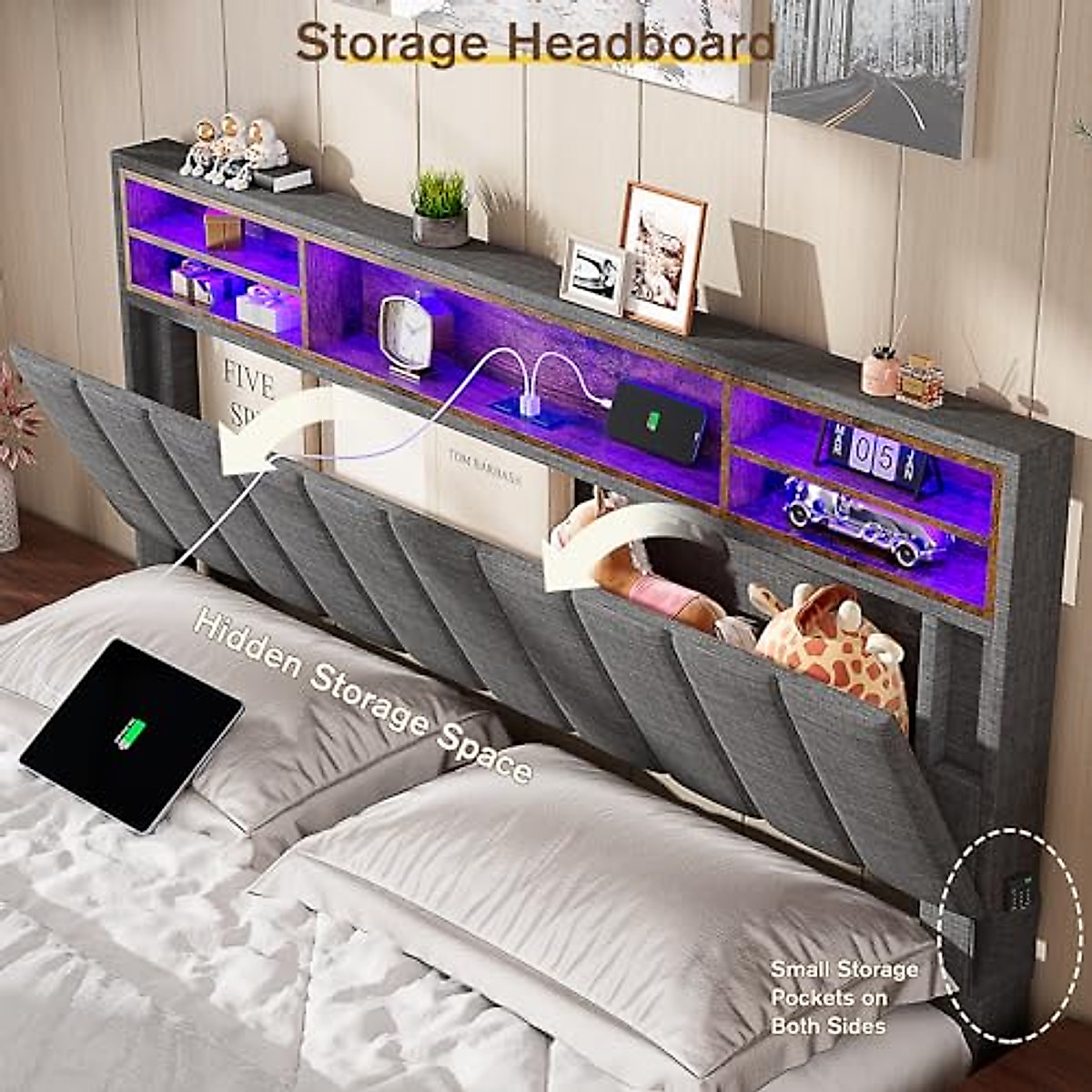 Lumelay Queen Bed Frame with 4 Storage Drawers, LED Bed Frame with Charging Station and Adjustable Tall Bookcase Headboard, Upholstered Mattress Foundation, No Box Spring Needed, Dark Grey