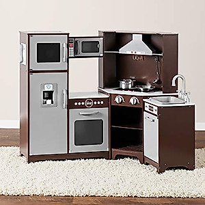 Amazon Basics Kids Corner Wooden Kitchen Toy Playset with Stove, Oven, Sink, Fridge and Accessories, for Toddlers, Preschoolers, Children Age 3+ Years, Espresso/Gray, 39.37"L x 28.35"W x 35.04"H