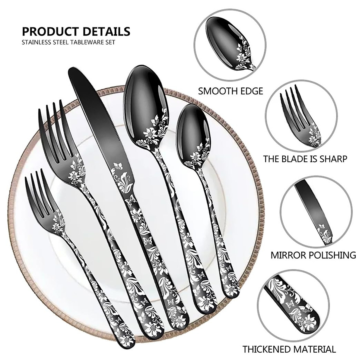 XIAOYU 5 Pieces Silverware Set, Black Flatware Set, Stainless Steel Mirror Polished Cutlery Set, Spoons Forks Knives Set with Unique Floral Laser, Rainbow