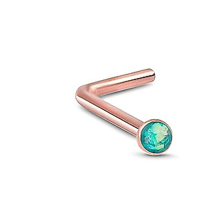Rose Gold-Tone 316L Surgical Steel Lbend Nose Ring 2mm Simulated Faux Teal Opal 20G