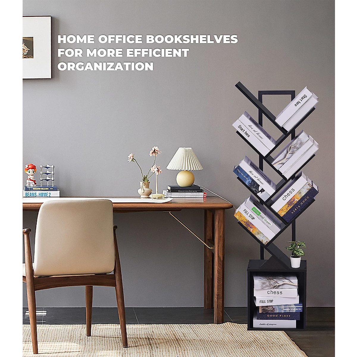 YSVCO 7 Tier Tree Bookshelf, Tall Narrow Wood Book Shelf, Freestanding Bookcase with Storage Cabinet, Floor Standing Display Storage Shelf for CD/Book, Living Room, Home Office Black BS36BS