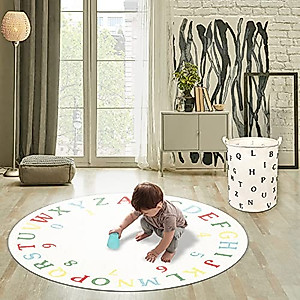 47" Colorful ABC Rug Kid Rug for Nursery Playroom Bedroom,4ft Circle Rugs with Storage Basket for Classroom,Round Baby Play Mat with Carpet Gripper (47inch,Rainbow)