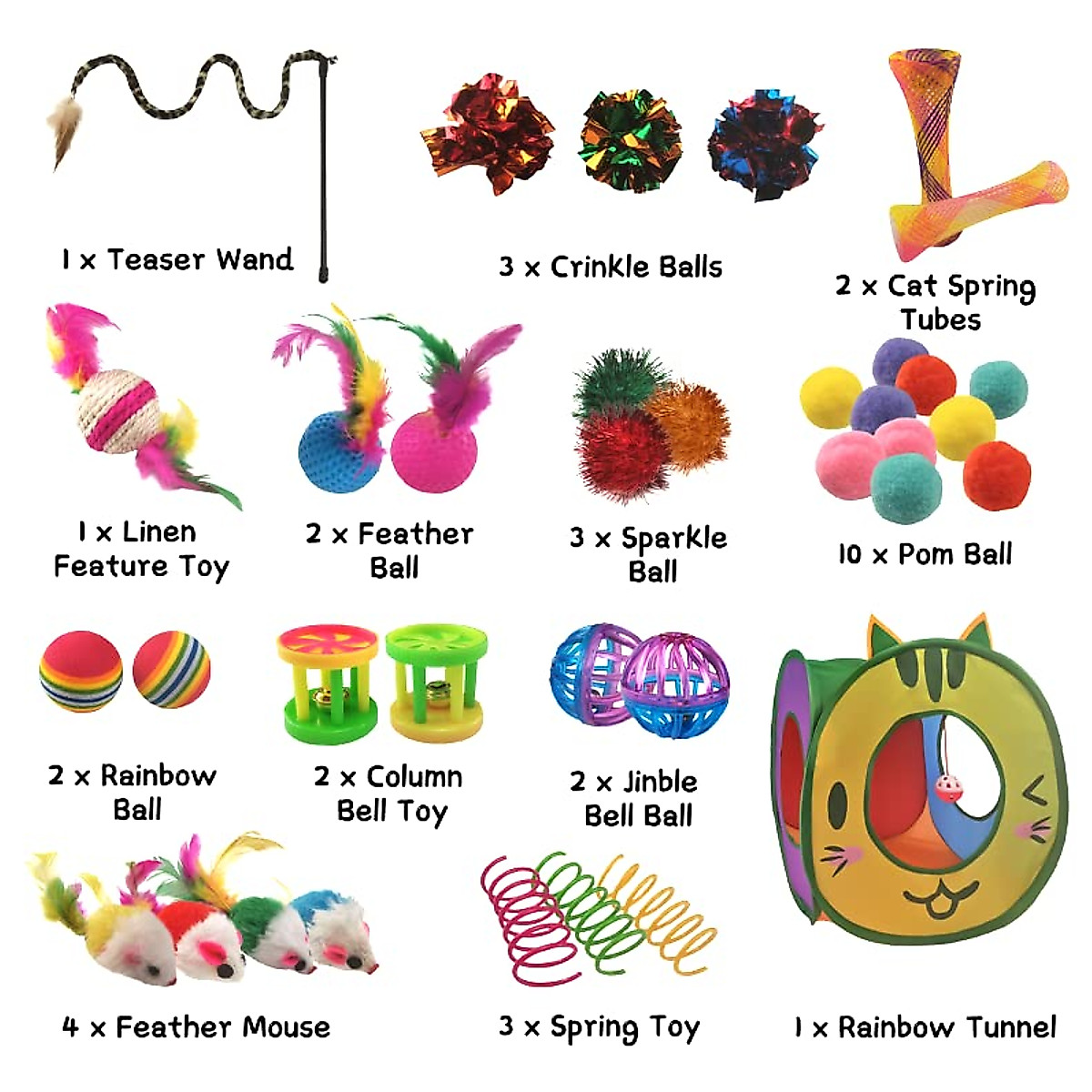 Yocvikey Cat Toys, Kitten Toy with Collapsible Rainbow Cat Tunnel, Cat Toy for Indoor Cats, Interactive Cat Toy Set Include Crinkle Ball, Jingle Bells, Spring Toy, Mouse Toys for Cats, Kitty