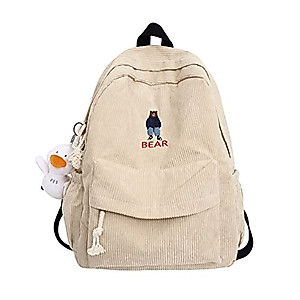 Shuangrxu Vintage Corduroy Backpack Kawaii Bear Pattern Travel School Bag for Girls Boys (B-Beige)